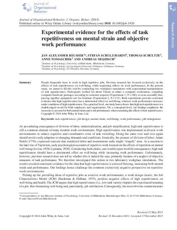 (PDF) Experimental evidence for the effects of task repetitiveness on ...