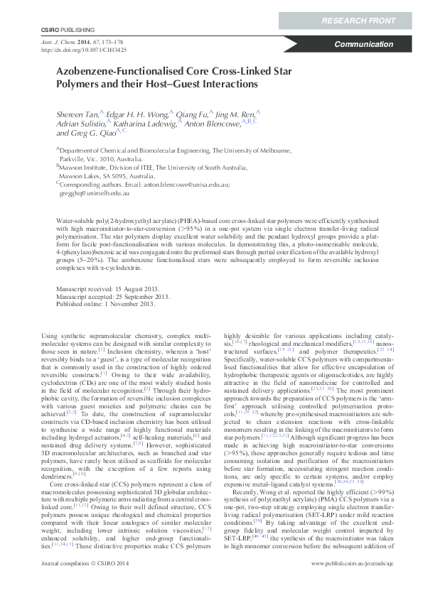 (PDF) Azobenzene-Functionalised Core Cross-Linked Star Polymers and their Host–Guest Interactions