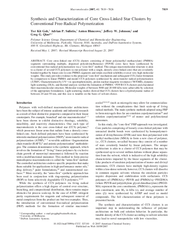 Pdf Synthesis And Characterization Of Core Cross Linked Star Clusters By Conventional Free