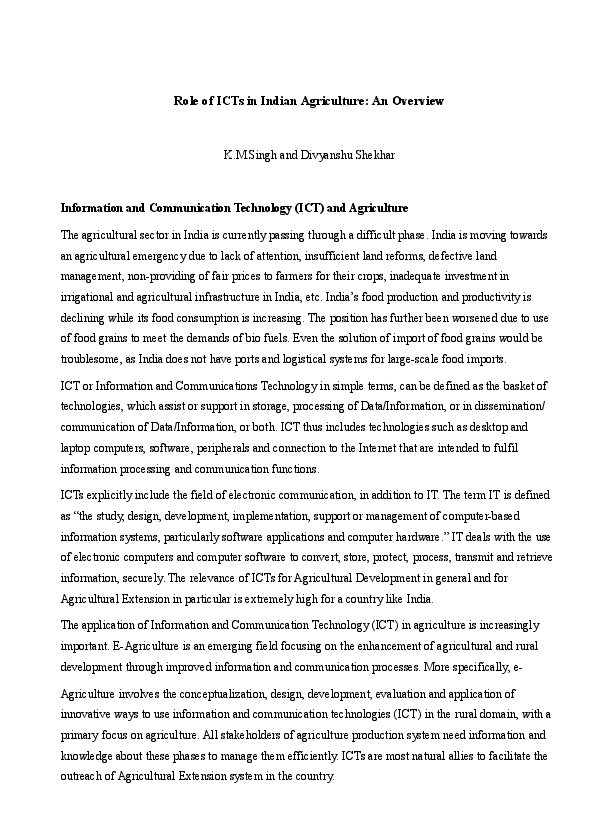 (DOC) Role of ICTs in Indian Agriculture: An Overview | K M Singh ...