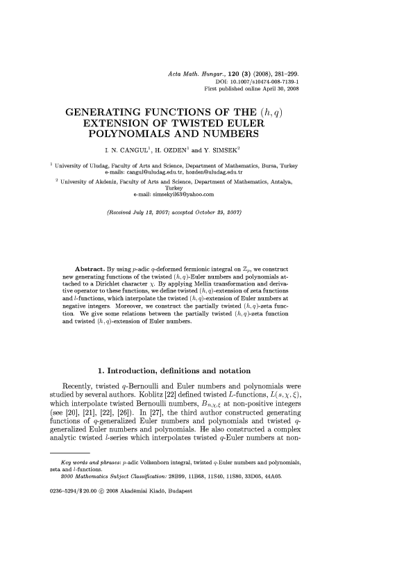 (PDF) Generating functions of the ( h, q ) extension of twisted Euler polynomials and numbers