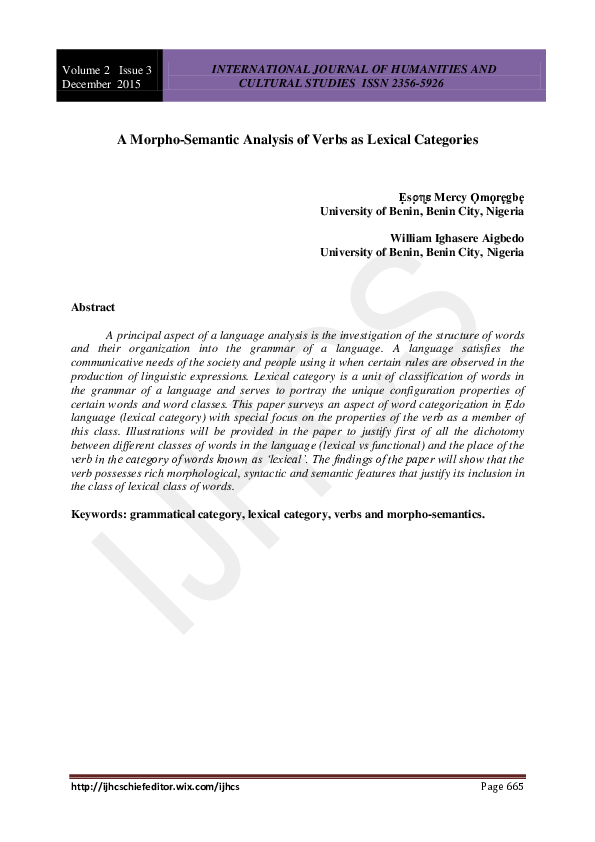 (PDF) A Morpho-Semantic Analysis of Verbs as Lexical Categories (Mercy Ọmọrẹgbẹ and William ...