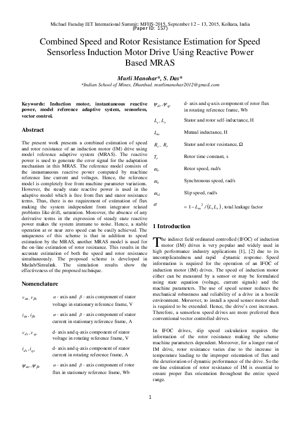Pdf Combined Speed And Rotor Resistance Estimation For Speed