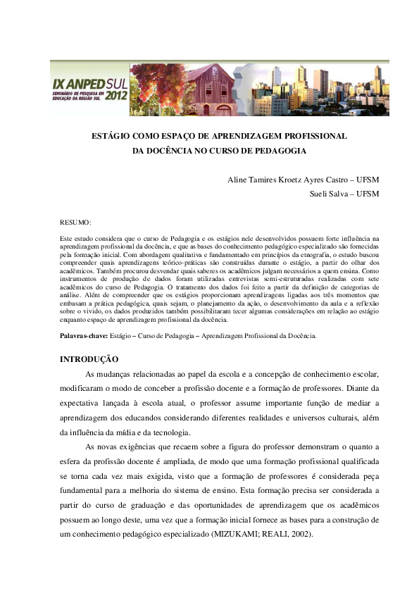 (PDF) ESTÁGIO COMO ESPAÇO DE APRENDIZAGEM PROFISSIONAL DA DOCÊNCIA NO ...