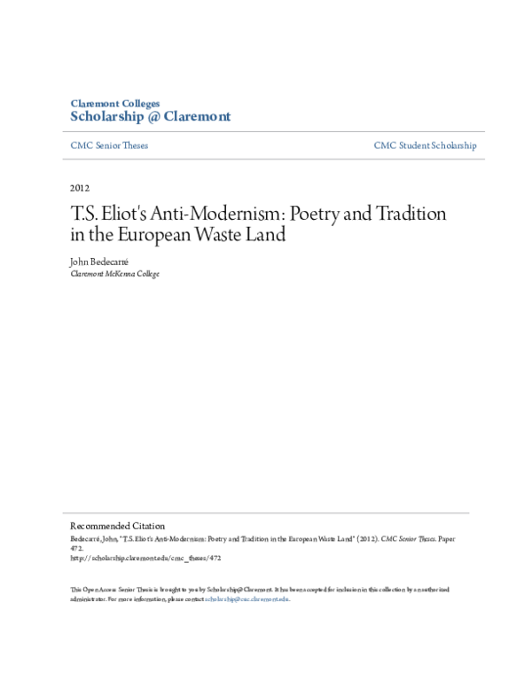 (PDF) T.S. Eliot's Anti-Modernism: Poetry and Tradition in the European ...