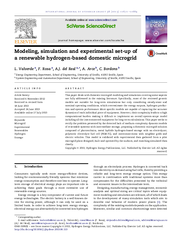 (PDF) Modeling, simulation and experimental set-up of a renewable hydrogen-based domestic microgrid