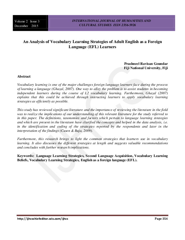 (PDF) An Analysis of Vocabulary Learning Strategies of Adult English as ...