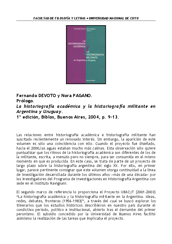 (PDF) Fernando Devoto y Nora Pagano. Prólogo. La historiografía académica y la historiografía ...