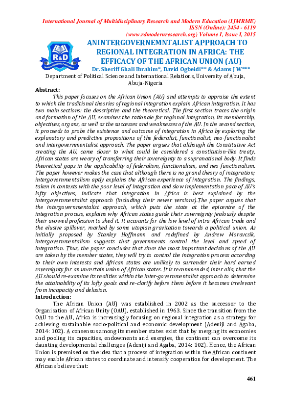 (PDF) AN INTERGOVERNEMNTALIST APPROACH TO REGIONAL INTEGRATION IN ...