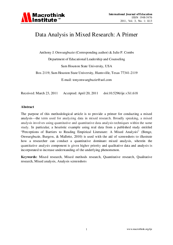 (PDF) Data Analysis in Mixed Research: A Primer 2011 | Julie P Combs ...