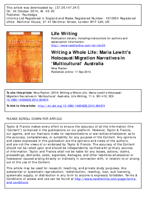 (PDF) “Writing a Whole Life: Maria Lewitt’s Holocaust/Migration ...