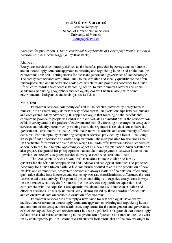 (PDF) Ecosystem services: a critical definition