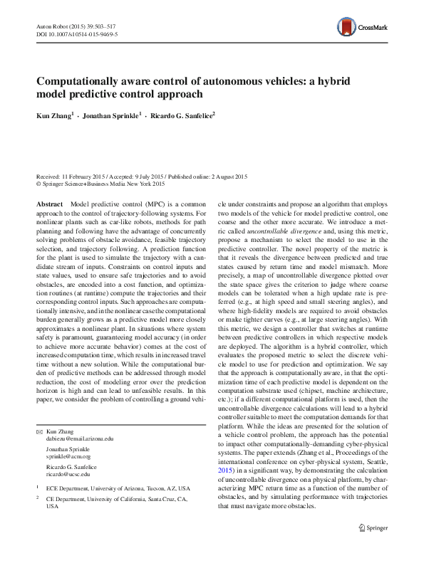 Pdf Hybrid Mpc For Computationally Efficient Control Of Autonomous Vehicles