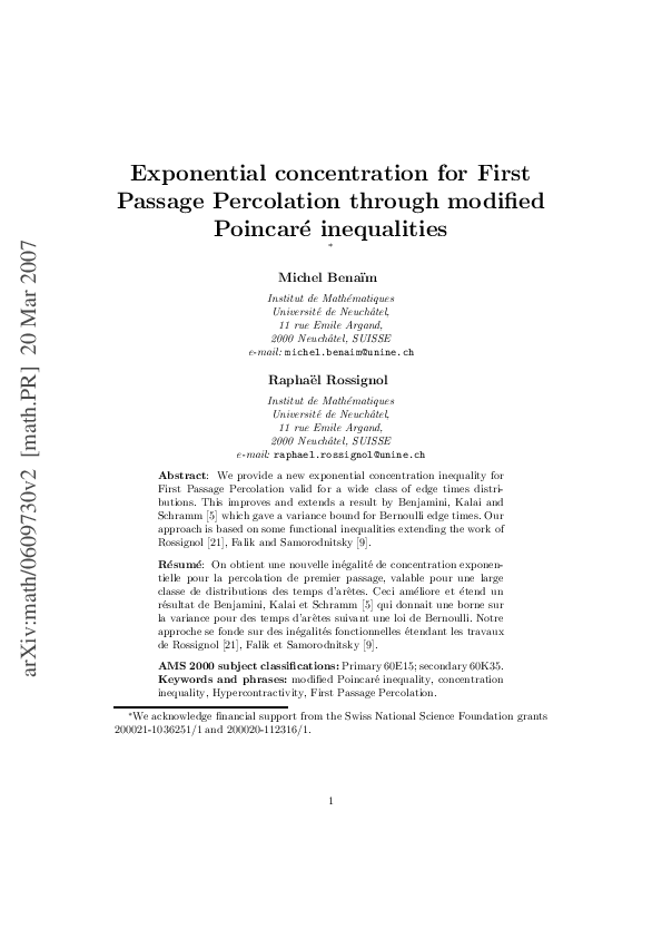 (PDF) Exponential concentration for first passage percolation through ...