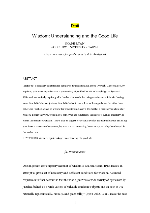 (PDF) Wisdom: Understanding and the Good Life
