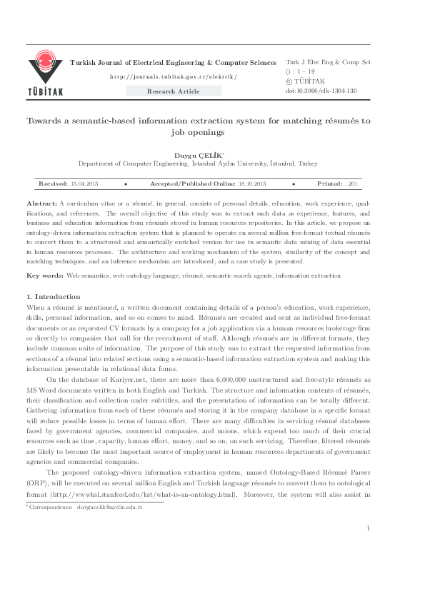 Pdf Towards A Semantic Based Information Extraction System For Matching Résumés To Job Openings