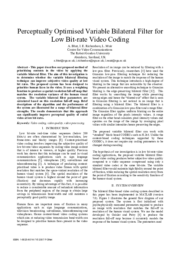 Pdf Perceptually Optimised Variable Bilateral Filter For Low Bit Rate Video Coding