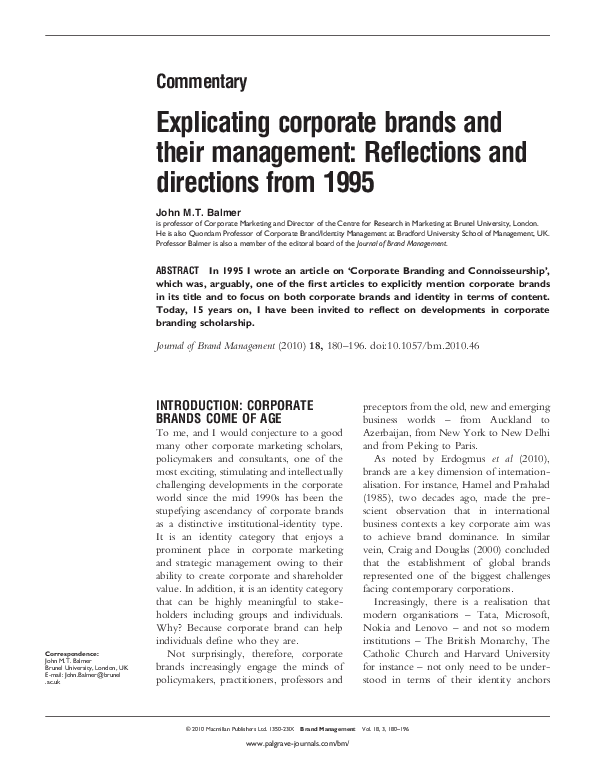 (PDF) Explicating corporate brands and their management: Reflections ...
