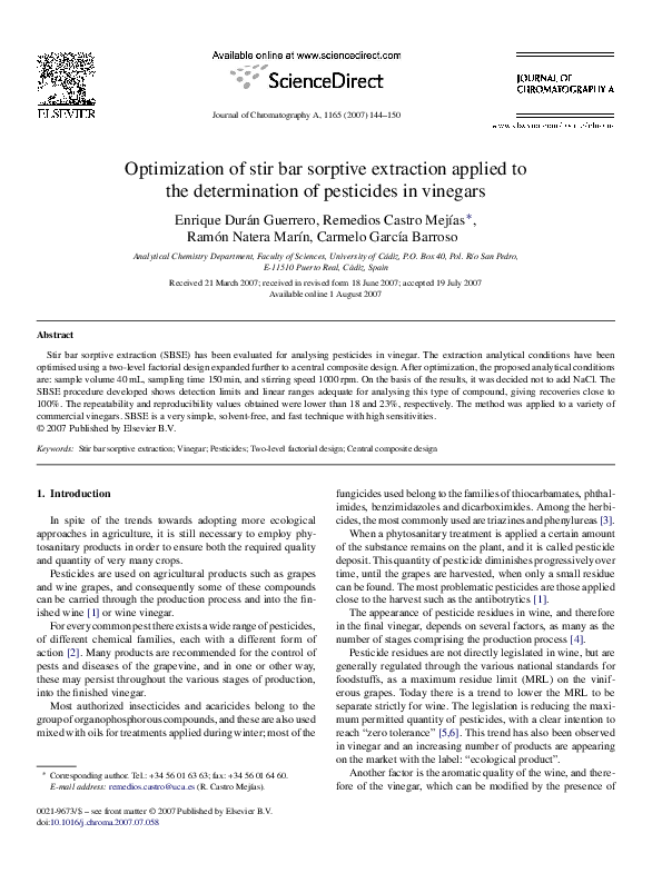 (PDF) Optimization of stir bar sorptive extraction applied to the ...