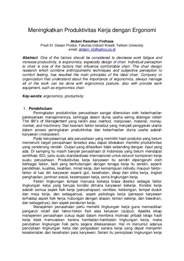(PDF) Jurnal Ergonomi 'Meningkatkan Produktivitas Kerja dengan Ergonomi'