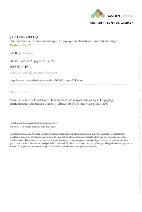 (PDF) Gracq, Au château d'Argol: une traversée de l'espace romanesque