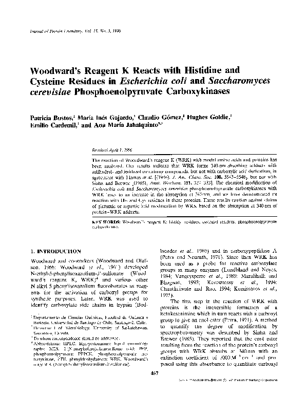 (PDF) Woodward's reagent K reacts with histidine and cysteine residues ...