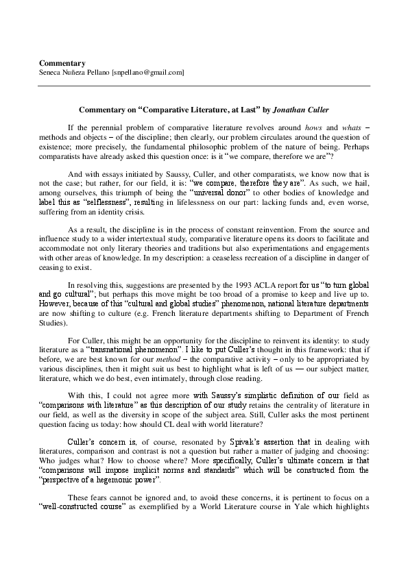 (PDF) Commentary on “Comparative Literature, at Last” by Jonathan Culler