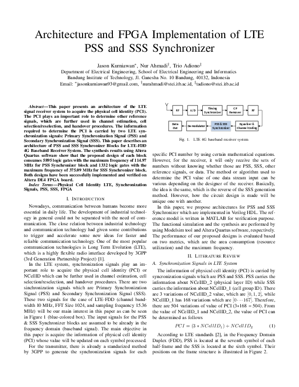 Architecture And Fpga Implementation Of Lte Pss And Sss Synchronizer