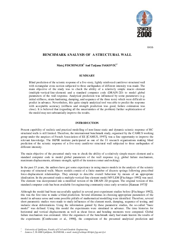 (PDF) BENCHMARK ANALYSIS OF A STRUCTURAL WALL
