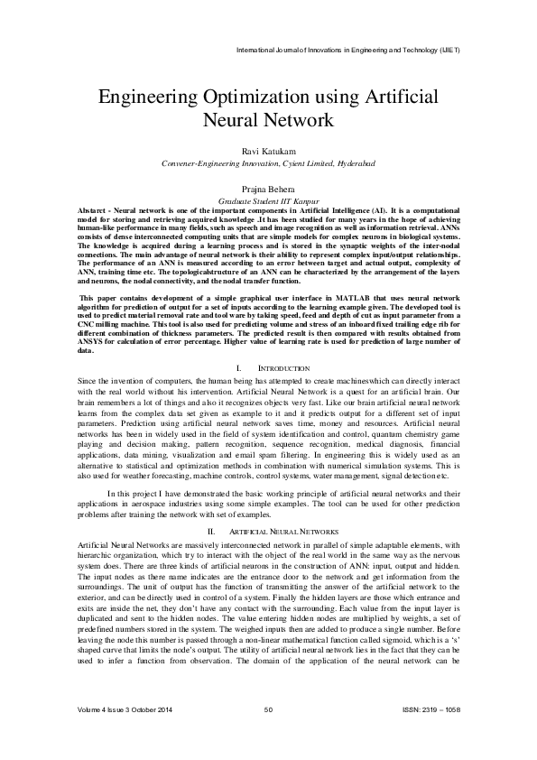 (PDF) Engineering Optimization using Artificial Neural Network