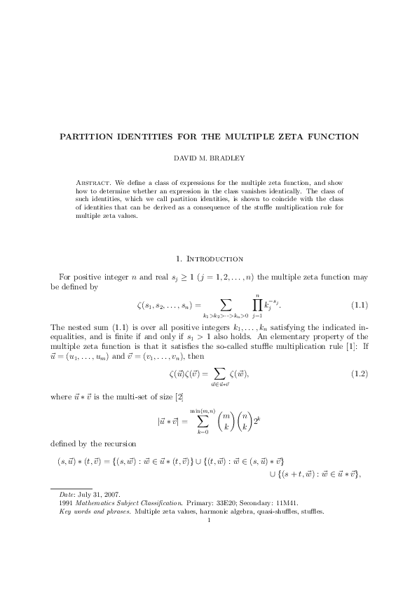 Pdf Partition Identities For The Multiple Zeta Function David