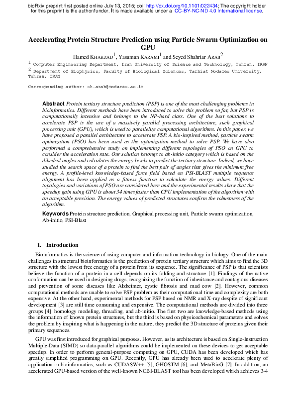 Pdf Accelerating Protein Structure Prediction Using Particle Swarm