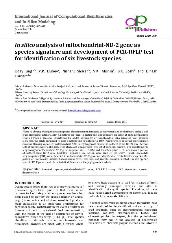 Pdf In Silico Analysis Of Mitochondrial Nd 2 Gene As Species Signature And Development Of Pcr