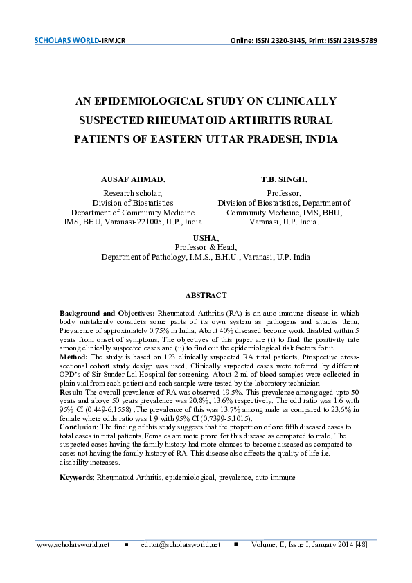 (PDF) AN EPIDEMIOLOGICAL STUDY ON CLINICALLY SUSPECTED RHEUMATOID ...