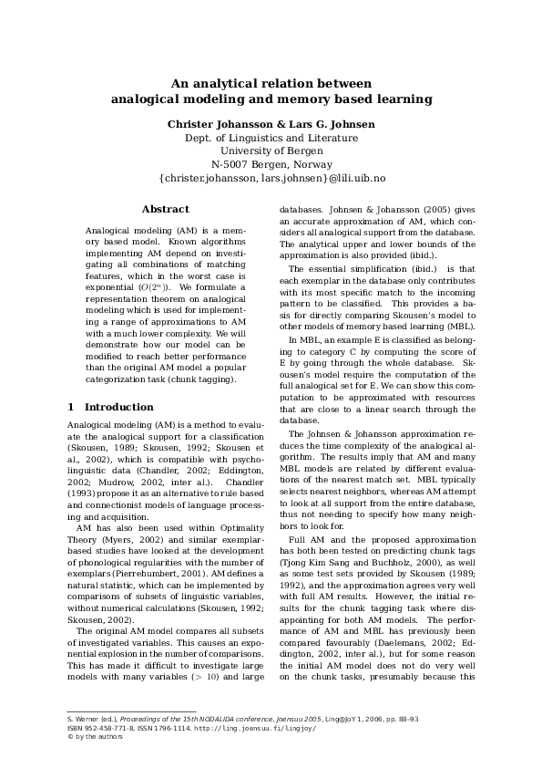 (PDF) An analytical relation between analogical modeling and memory based learning