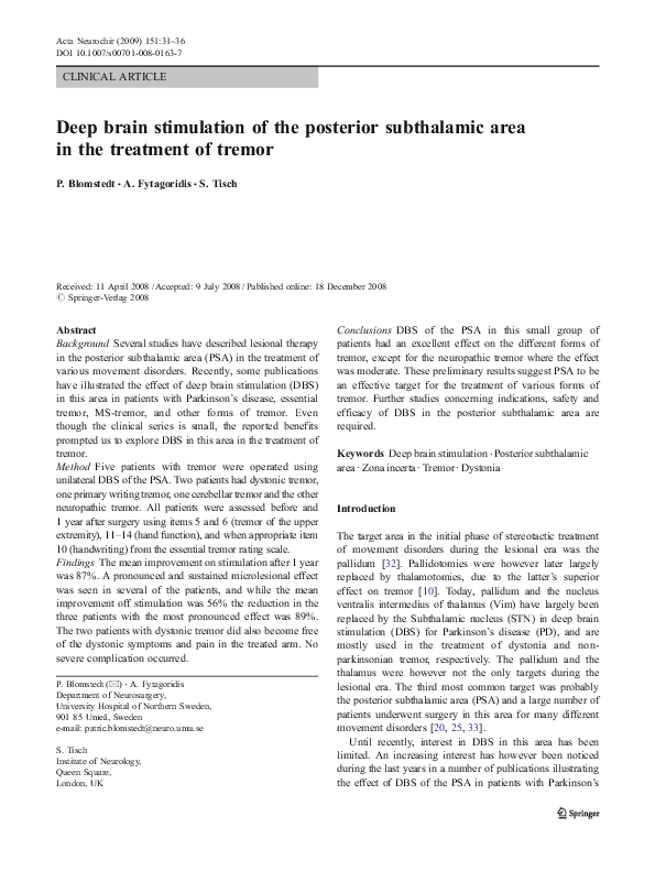(PDF) Deep brain stimulation of the posterior subthalamic area in the ...