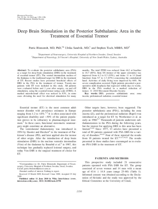 (PDF) Deep brain stimulation in the posterior subthalamic area in the ...