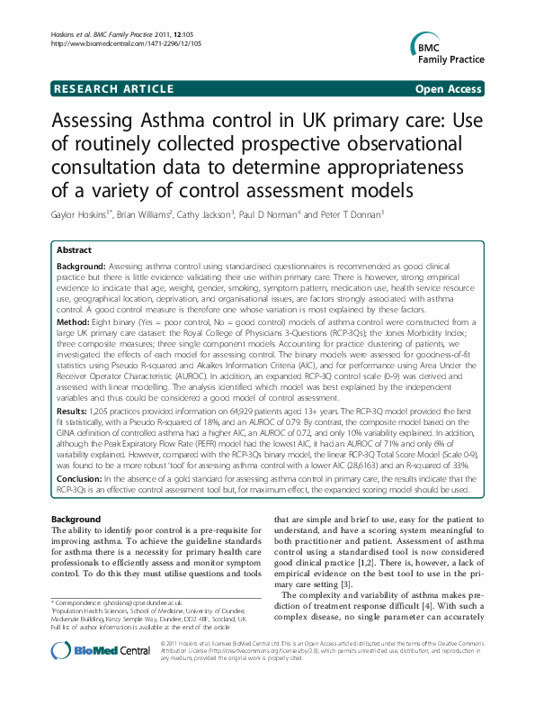 Pdf Assessing Asthma Control In Uk Primary Care Use Of Routinely Collected Prospective