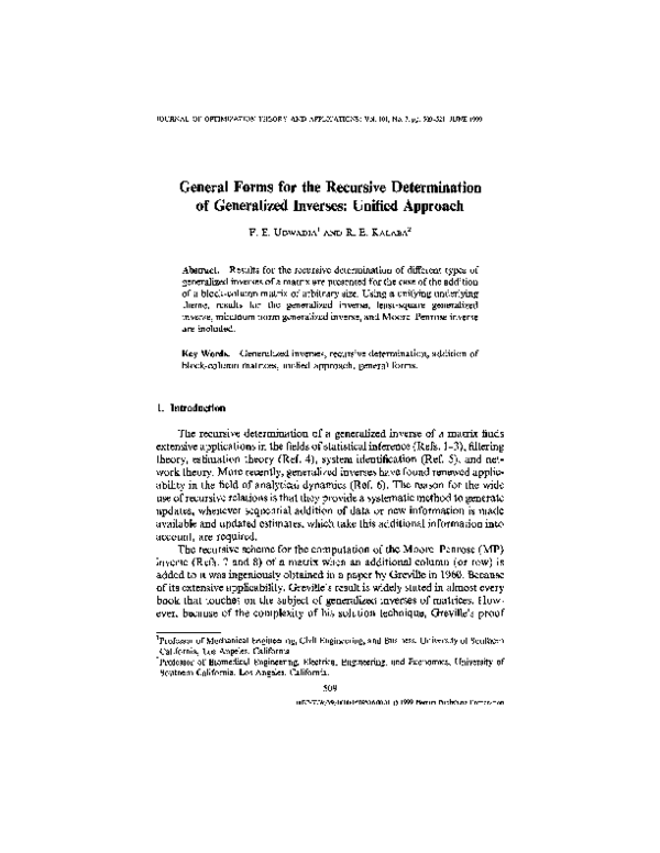(PDF) General Forms for the Recursive Determination of Generalized Inverses: Unified Approach