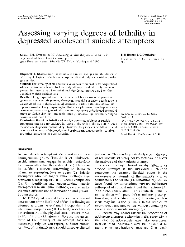 (PDF) Assessing varying degrees of lethality in depressed adolescent ...