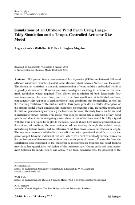 Simulations Of An Offshore Wind Farm Using Large Eddy Simulation And A Torque Controlled