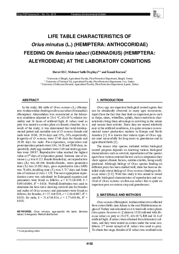 (PDF) LIFE TABLE CHARACTERISTICS OF Orius minutus (L.) (HEMIPTERA ...
