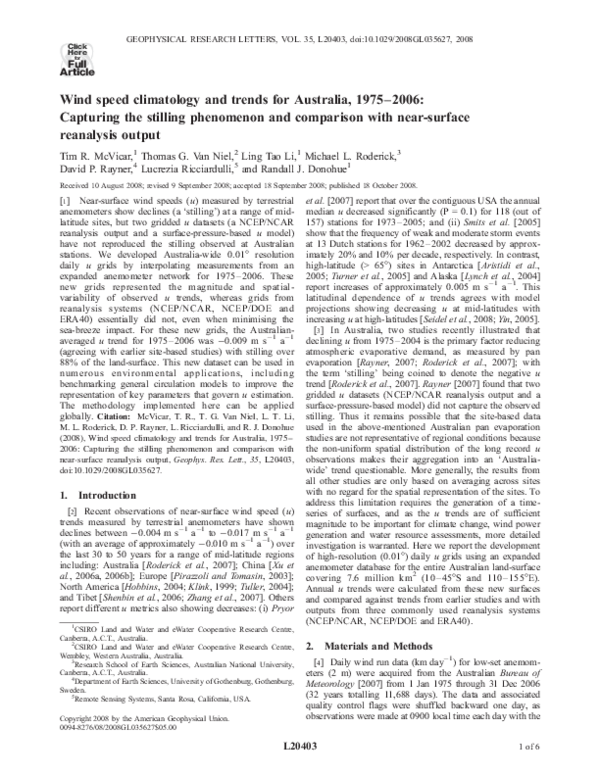(PDF) Wind speed climatology and trends for Australia, 1975–2006 ...