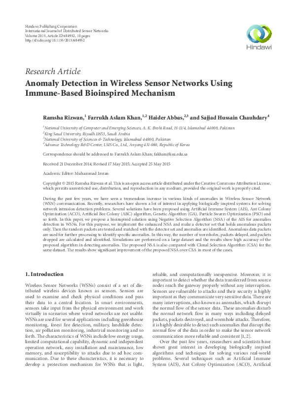 (PDF) Anomaly Detection in Wireless Sensor Networks Using Immune-Based Bioinspired Mechanism