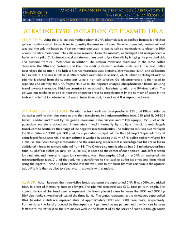 (PDF) Alkaline Lysis Isolation of Plasmid DNA