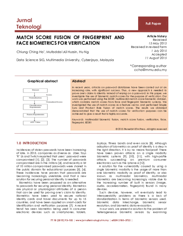 (PDF) MATCH SCORE FUSION OF FINGERPRINT AND FACE BIOMETRICS FOR VERIFICATION