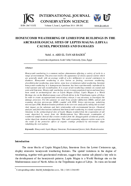 (PDF) HONEYCOMB WEATHERING OF LIMESTONE BUILDINGS IN THE ARCHAEOLOGICAL ...