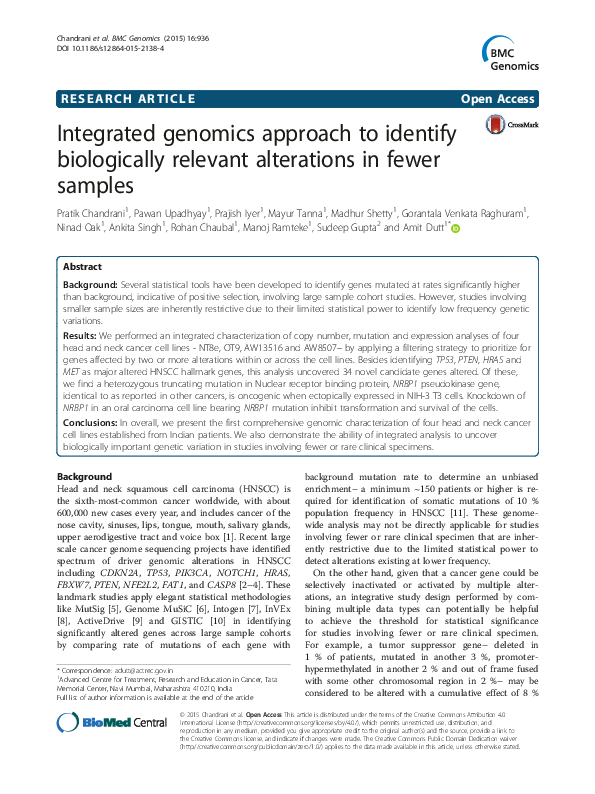 (PDF) Integrated genomics approach to identify biologically relevant alterations in fewer samples