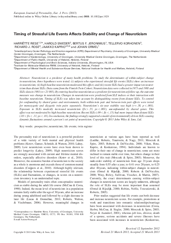 (PDF) Timing of Stressful Life Events Affects Stability and Change of ...