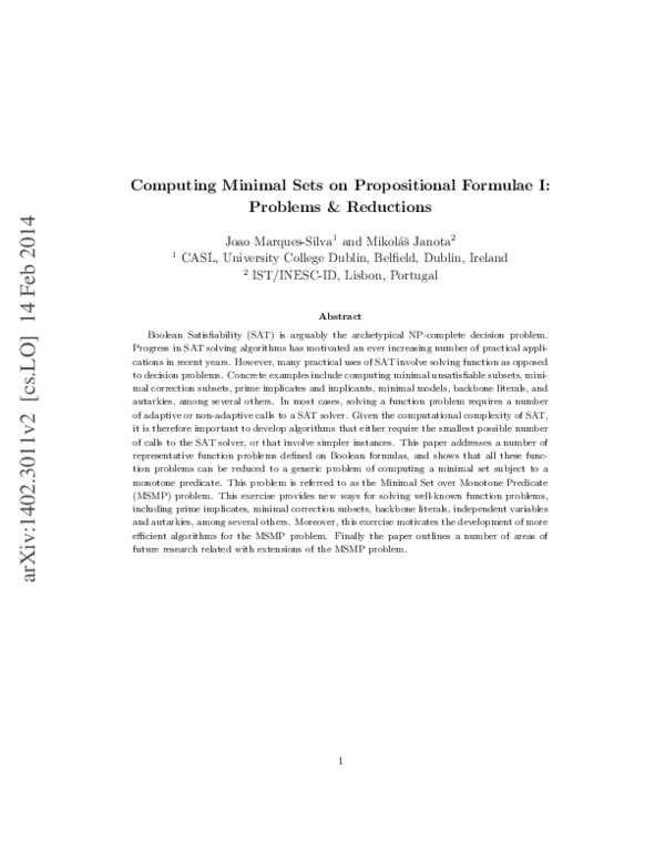 Pdf Computing Minimal Sets On Propositional Formulae I Problems